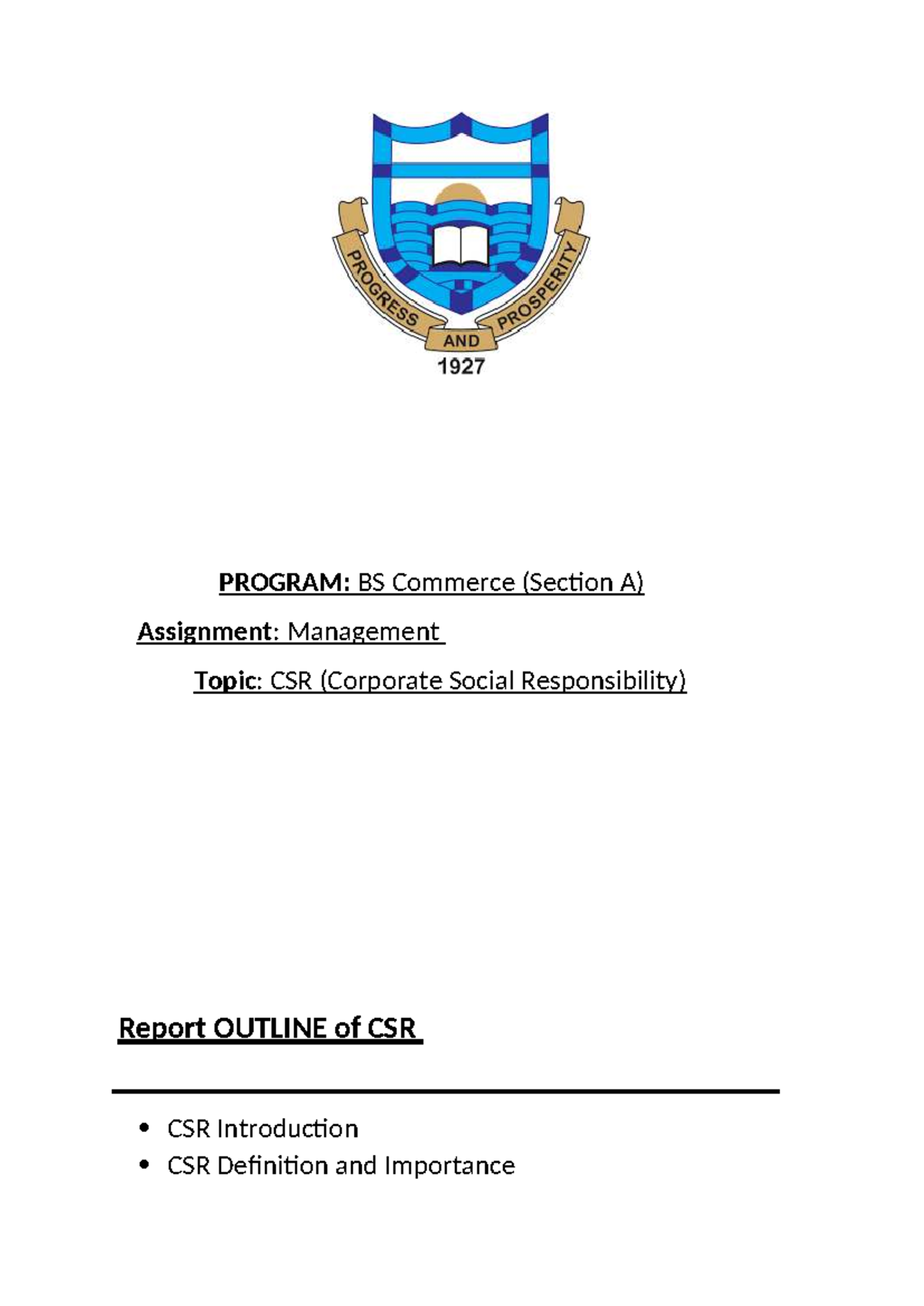BS Commerce (Section A) Management Assignment: CSR Report Outline - Studocu