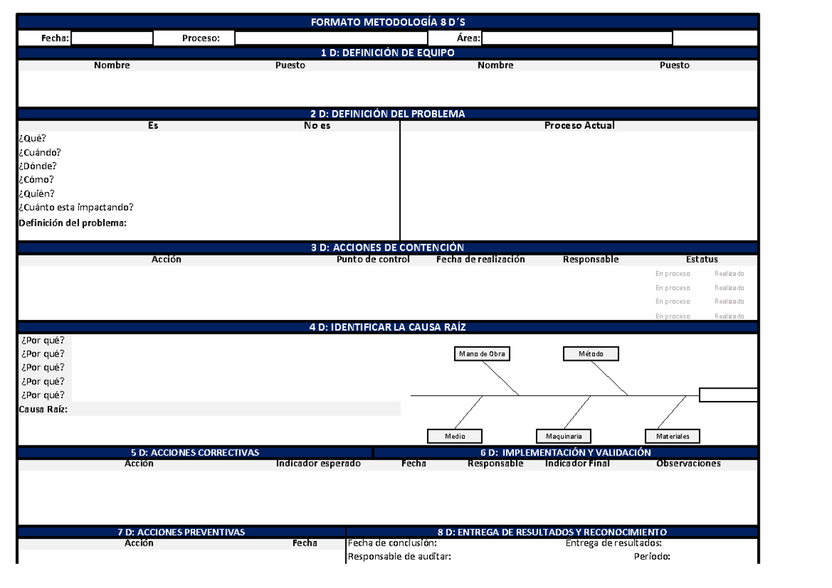 Formato de la metodologia 8D - FORMATO METODOLOGÍA 8 D ́S Fecha: Proceso: Área: 1 D: DEFINICIÓN ...