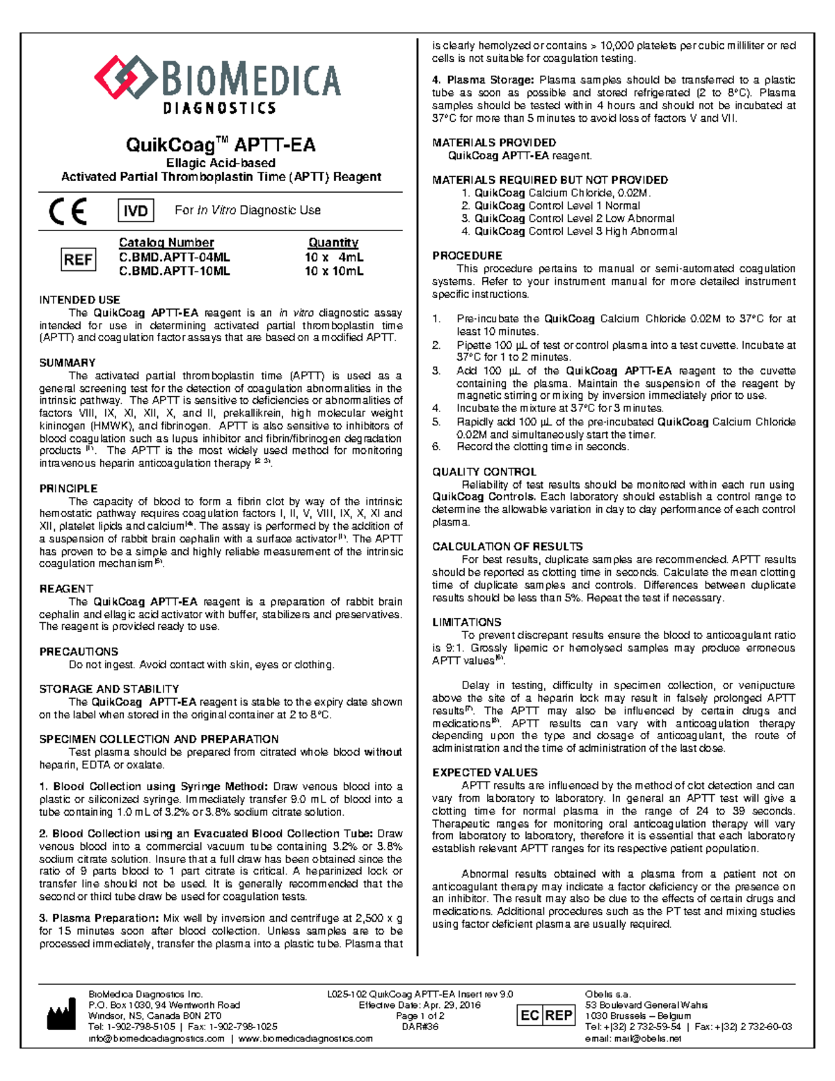 QuikCoag APTT-EA Package Insert (L025-102) - Diagnostic Use Guidelines ...