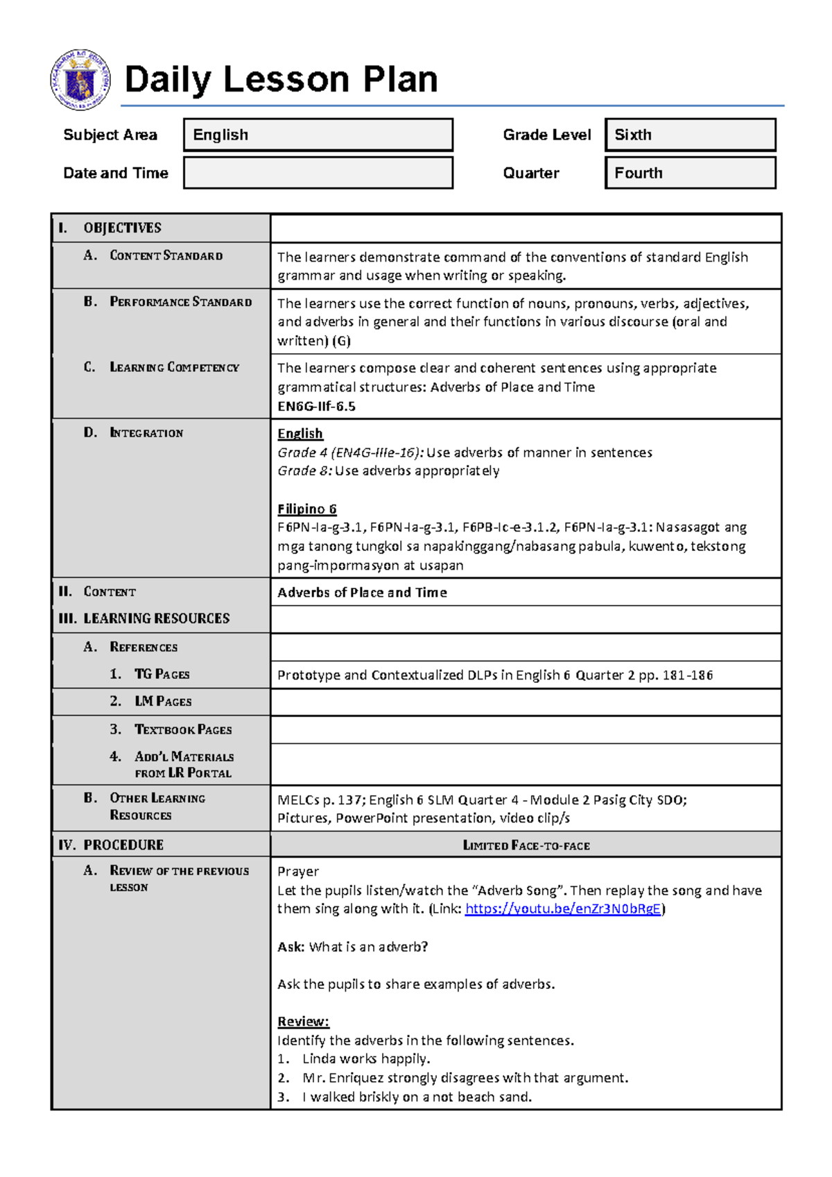 EN6-4 Adverbs of Time and Place - Daily Lesson Plan - Studocu