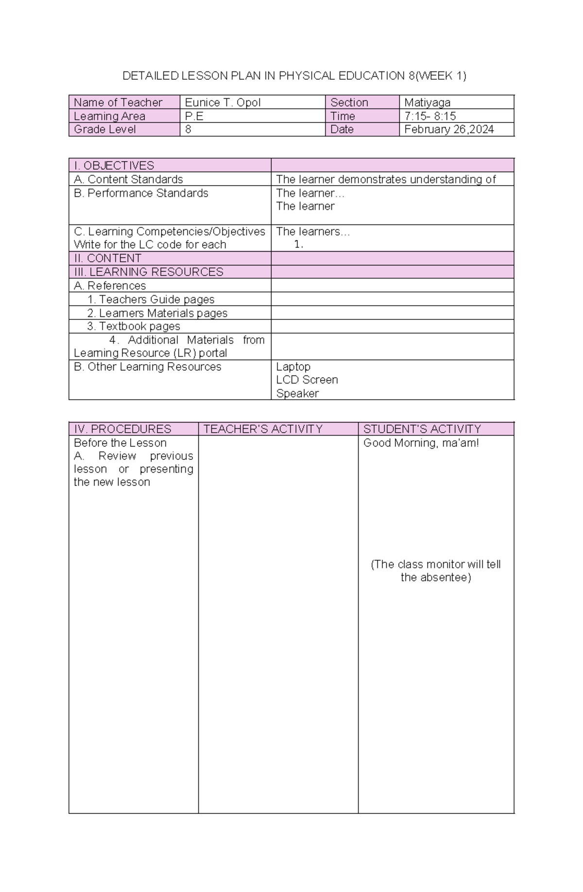 Detailed lesson plan for physical education 8 (week 1) - Studocu