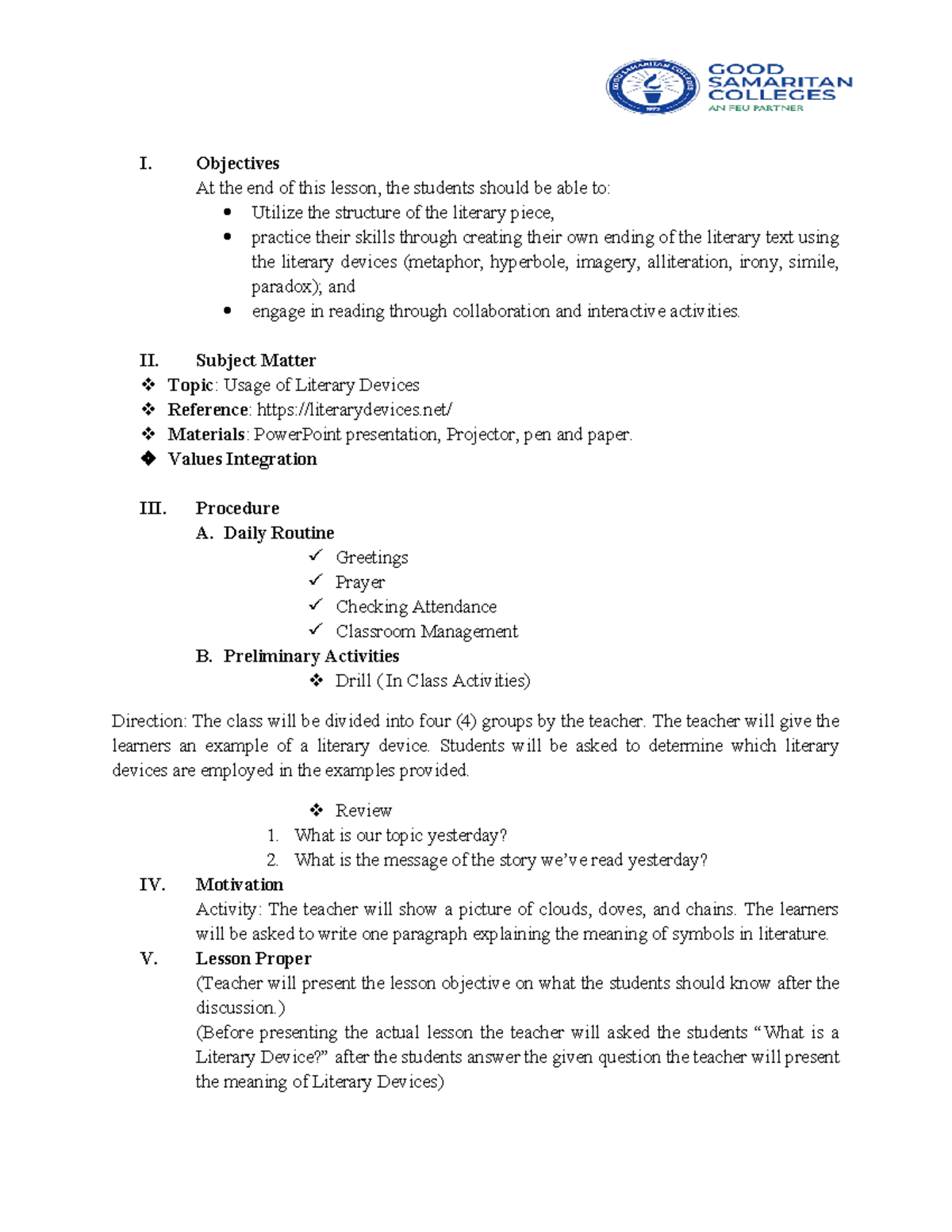 Lessonplanally 105 - This an example of lesson plan - I. Objectives At ...