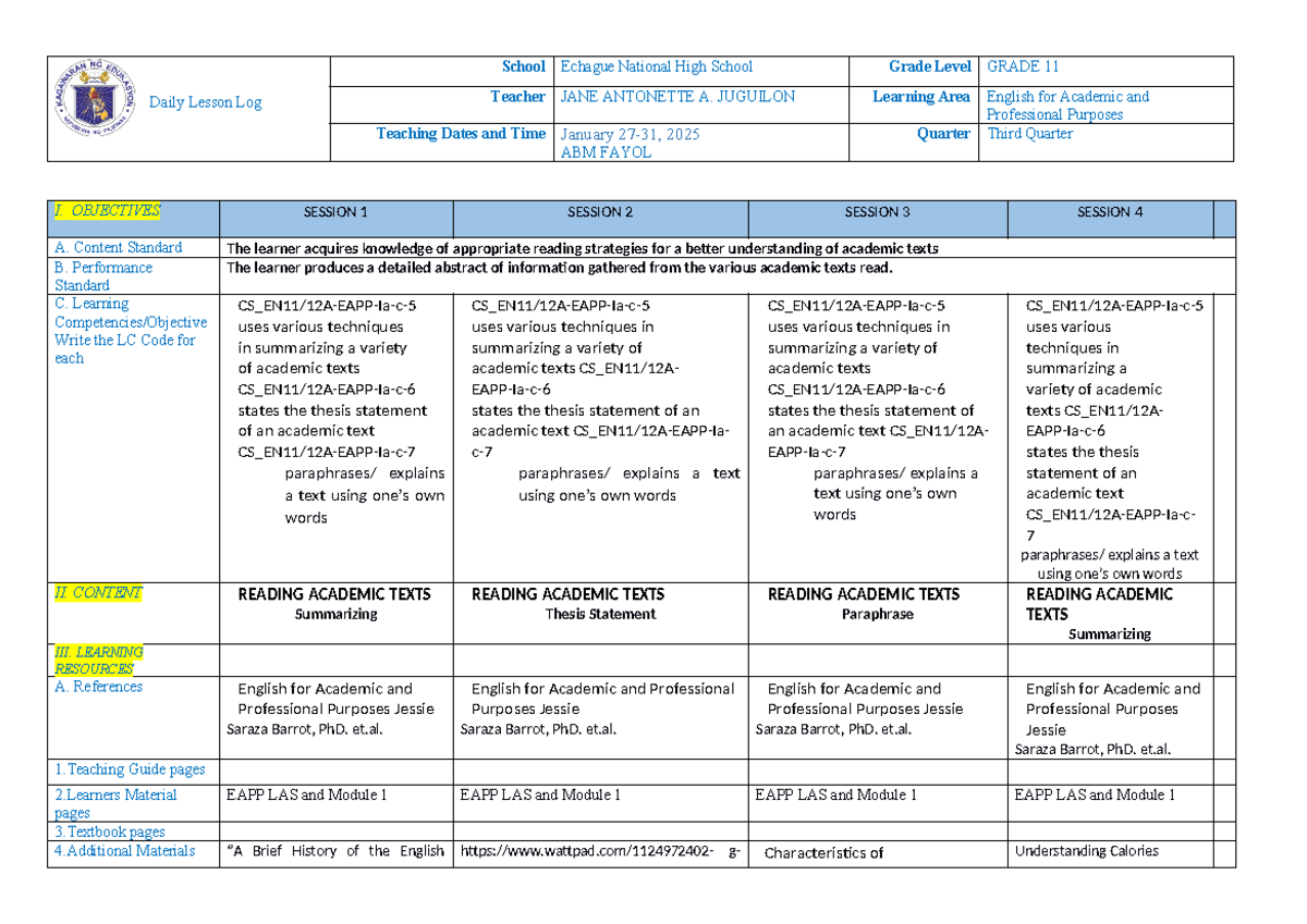 Daily Lesson Log (DLL) for EAPP: Reading Academic Texts Strategies ...