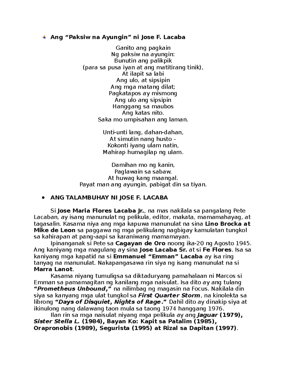 Pagsusuri ng Tula: "Paksiw na Ayungin" ni Jose F. Lacaba - Filipino 8 ...