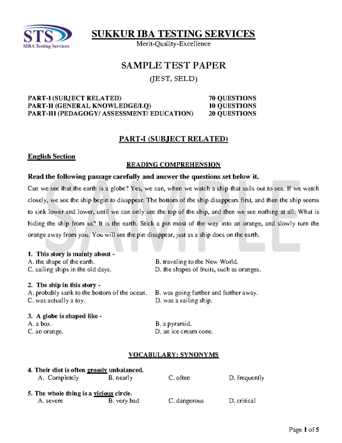 Sample Test Paper (JEST, SELD) - General Education (70 Questions) - Studocu
