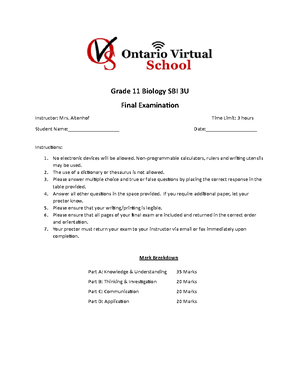 Biology - Grade: 11 - High School - Canada - Studocu