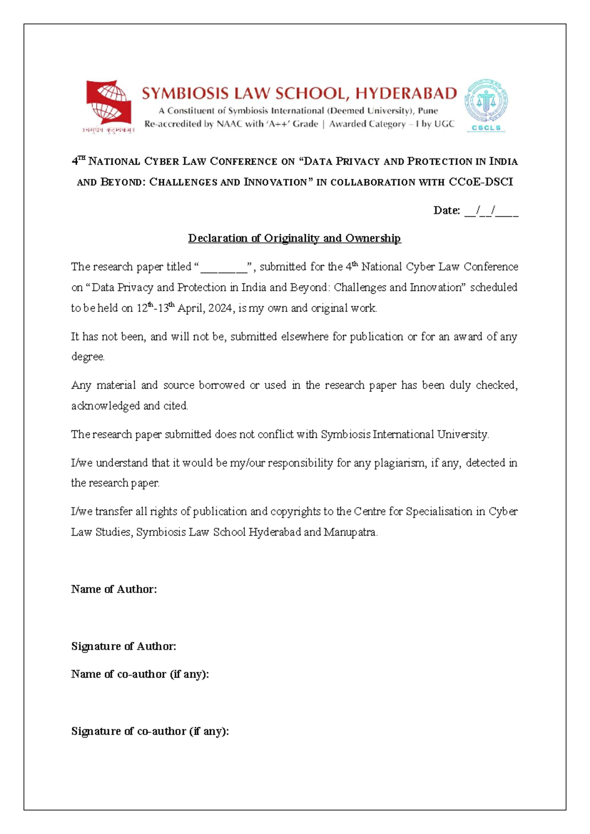 Declaration of Originality for 4th National Cyber Law Conf. - Studocu
