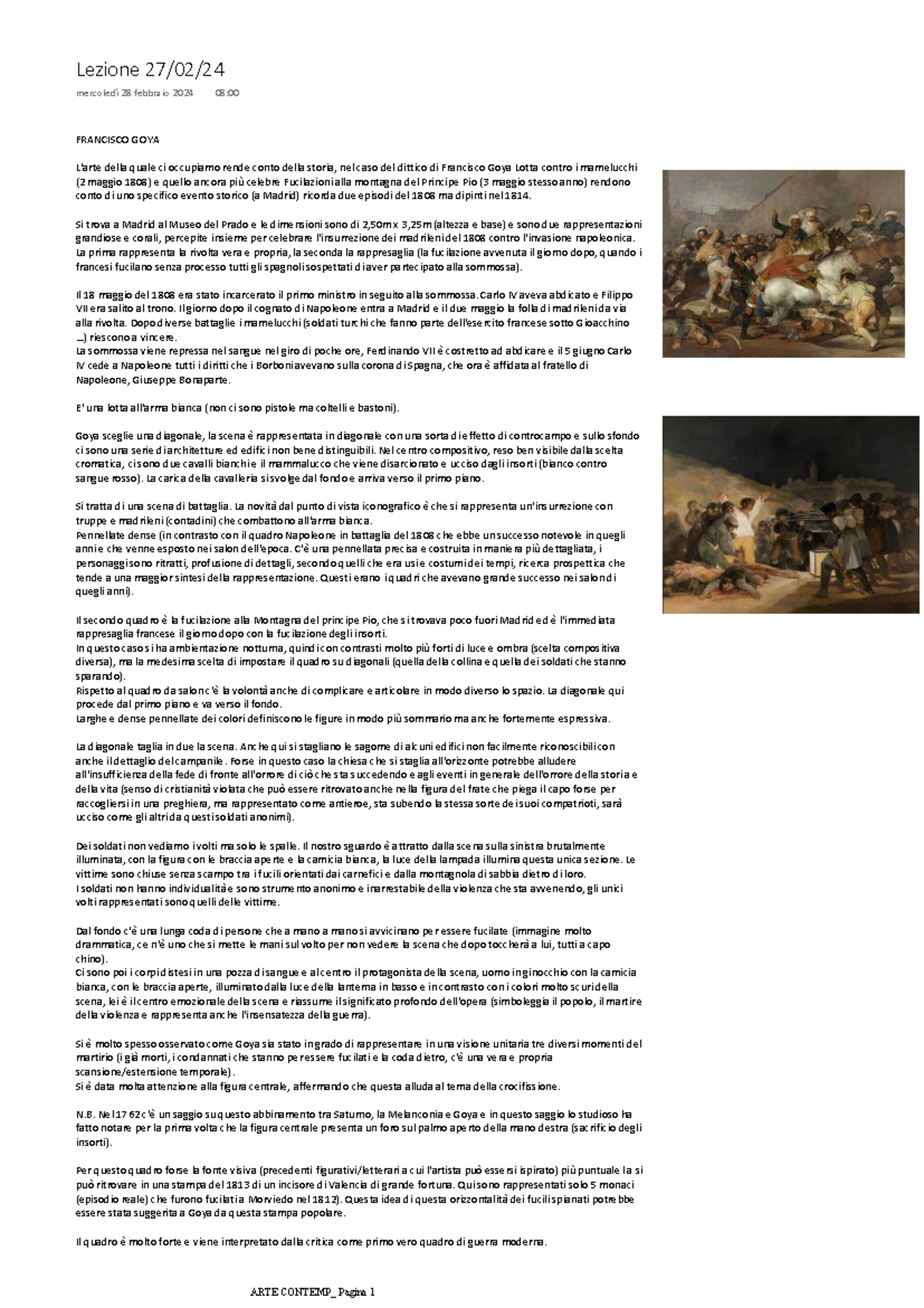 Lezione su Francisco Goya: Analisi delle Opere e Contesto Storico - Studocu