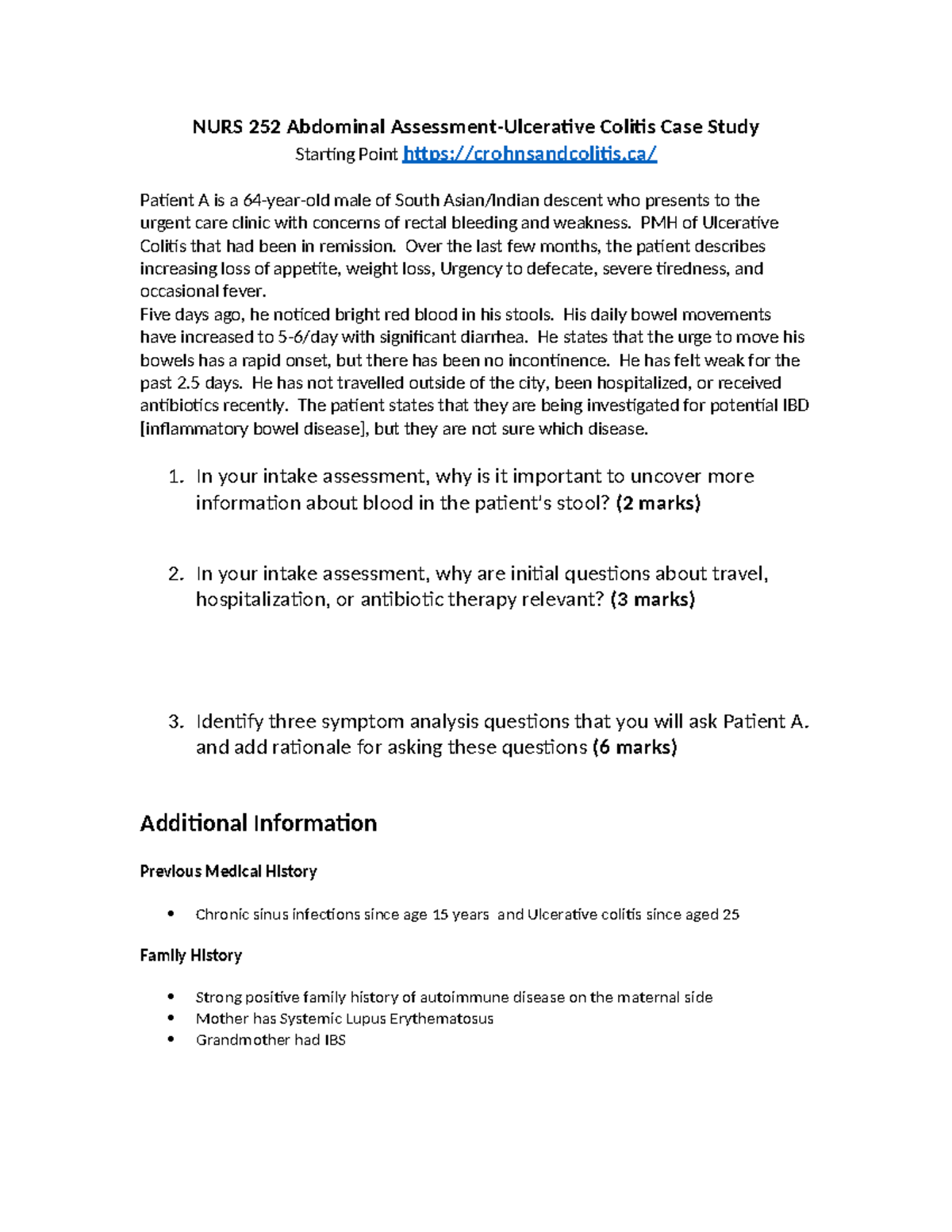 NURS 252 Abdominal Colitis Case Study: Patient A Analysis and ...