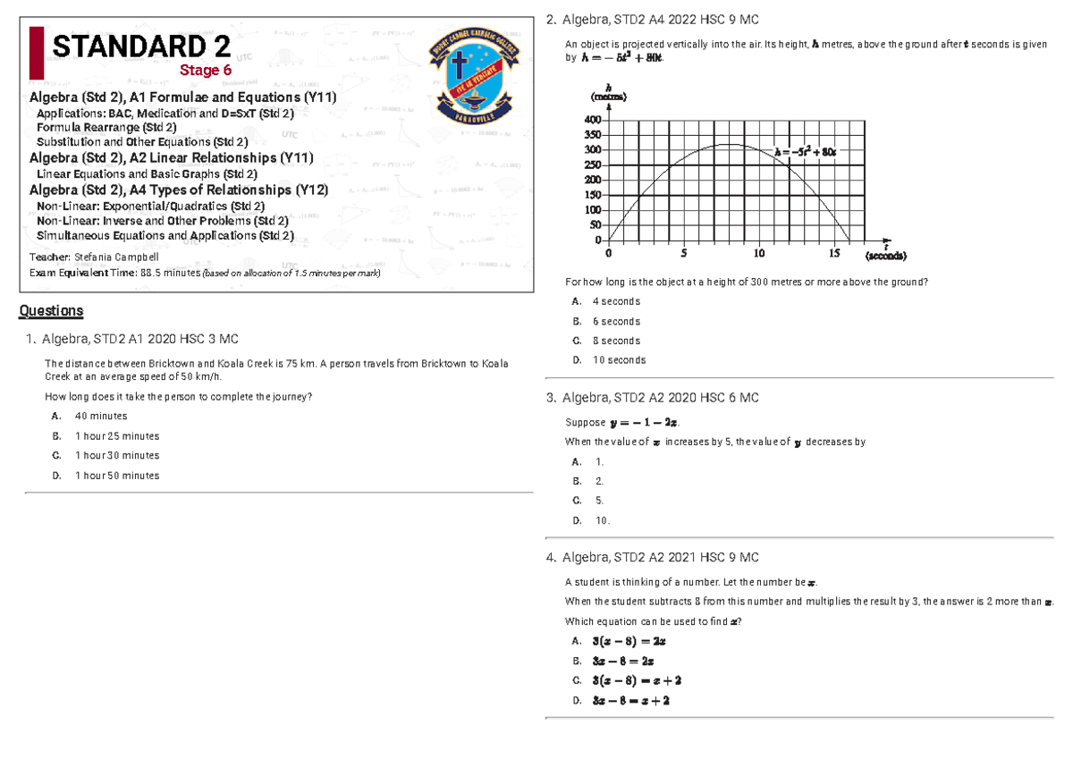 Algebra strand - maths - 1. Algebra, STD2 A1 2020 HSC 3 MC Algebra (Std ...
