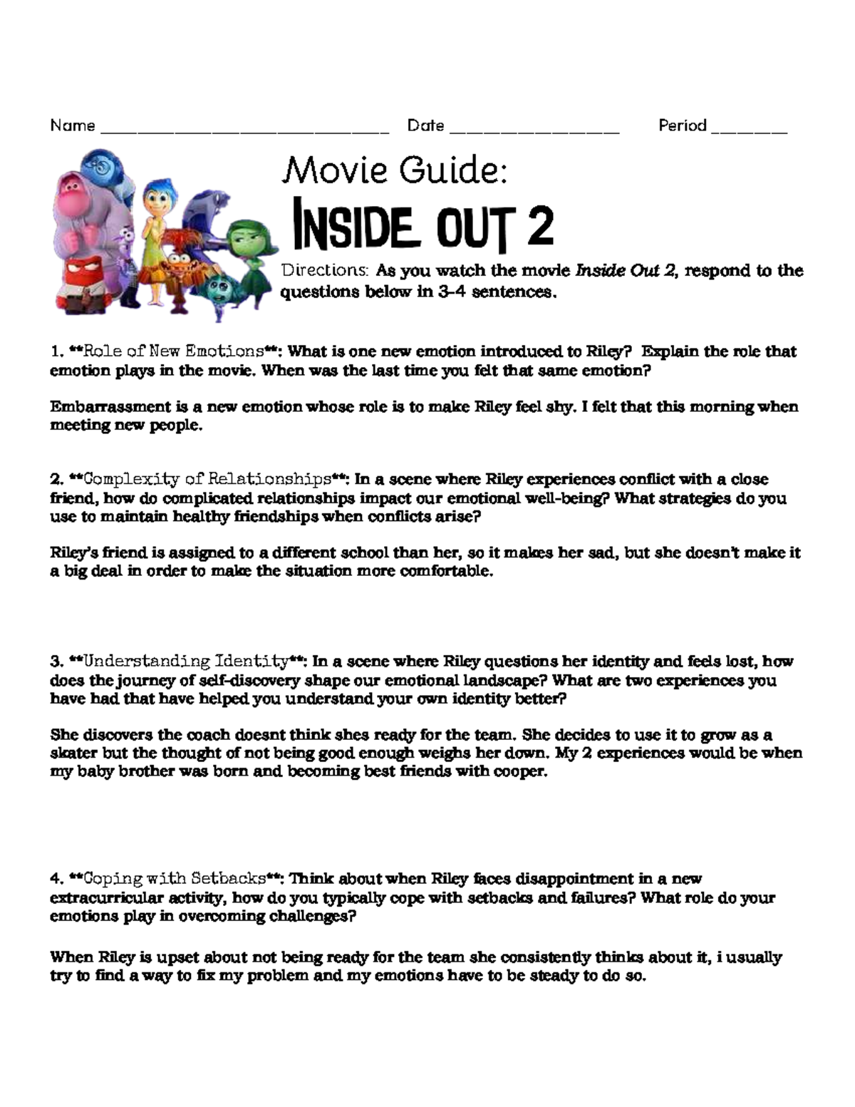 Psychology Movie Guide: Inside Out 2 Analysis and Reflections - Studocu