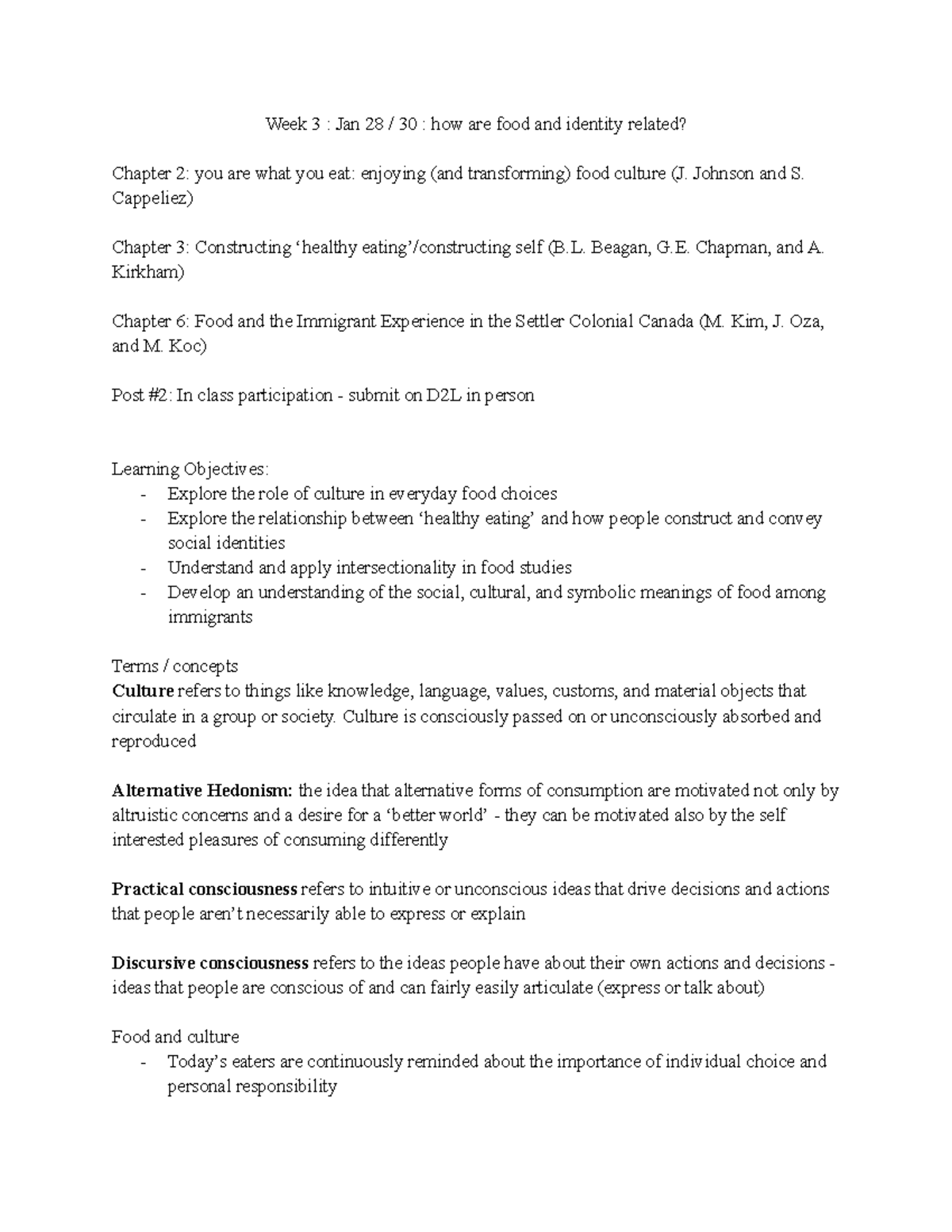 Week 3 Lecture Notes: Food, Identity, and Culture in Canada - Studocu