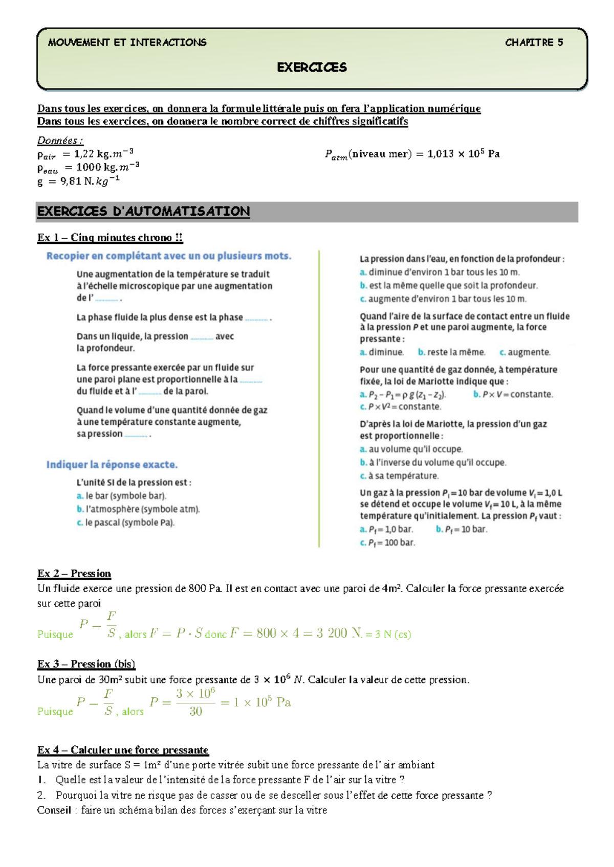 Exercices et Corrigés - Chapitre 5: Mouvements et Pression (Physique ...