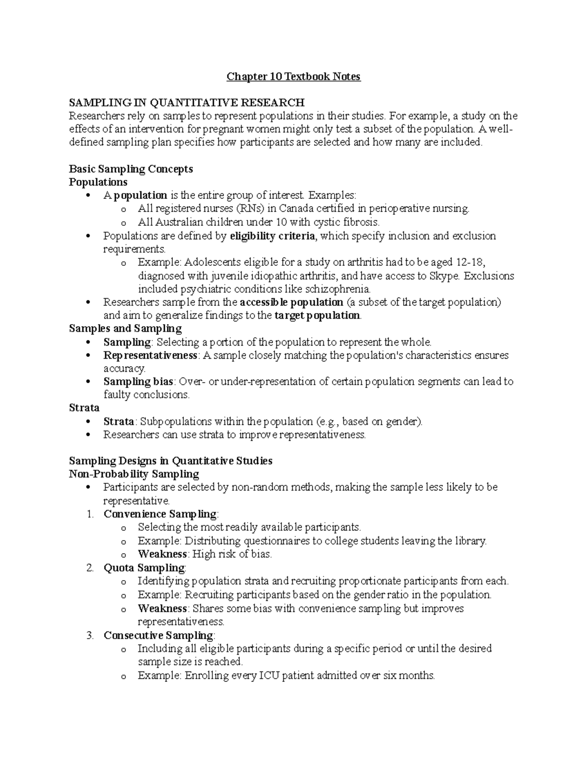 Chapter 10 Textbook Notes - Chapter 10 Textbook Notes SAMPLING IN ...