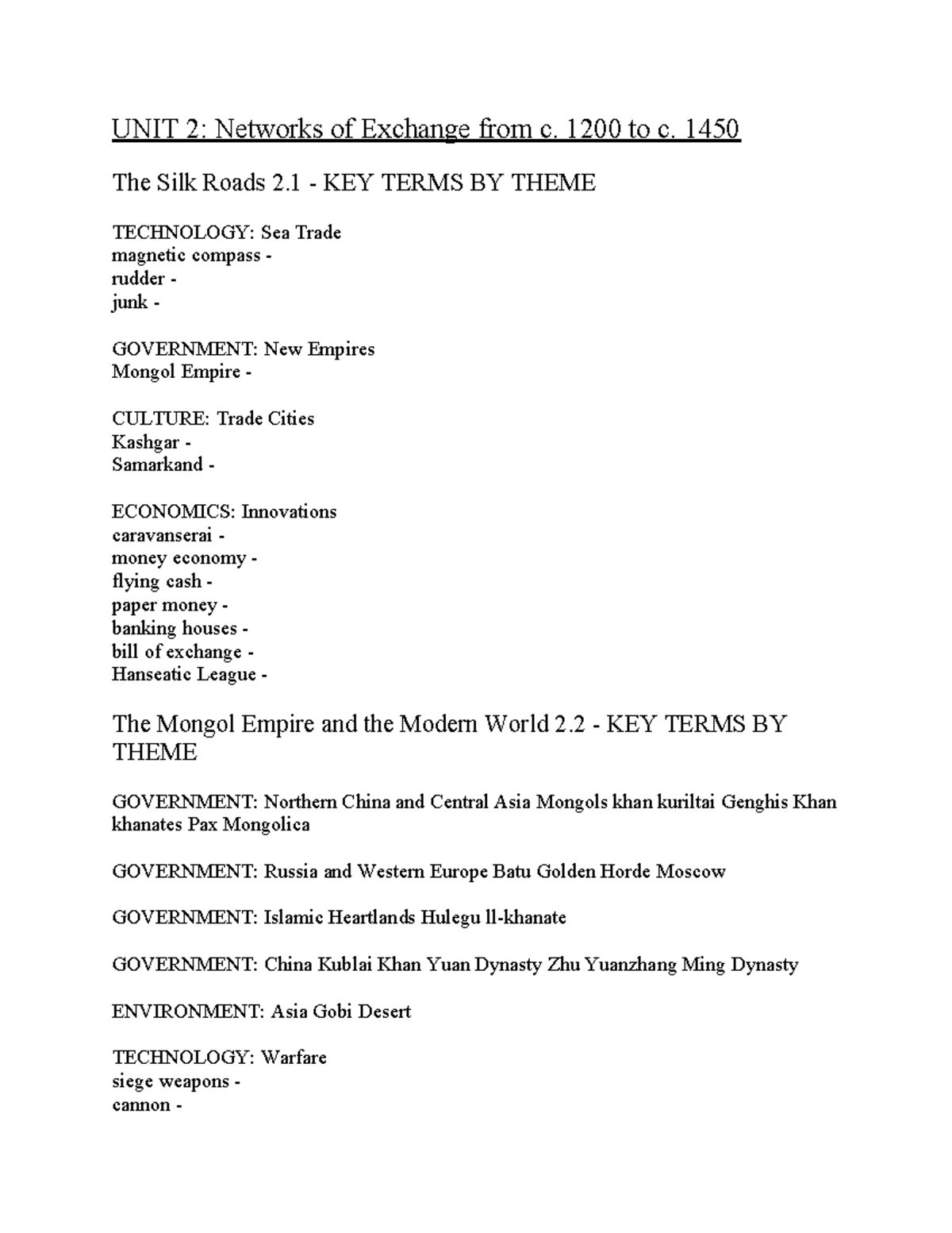 Unit 2: Networks of Exchange (c. 1200-1450) - Key Terms & Themes - Studocu