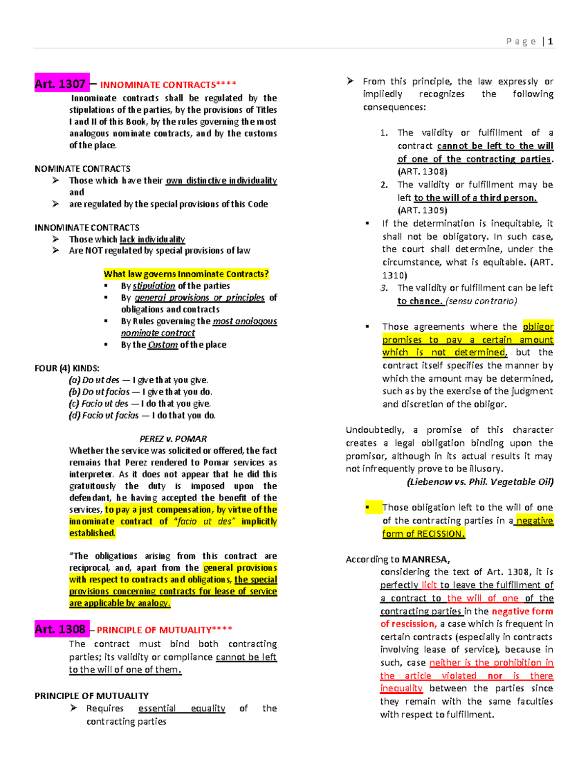 Oblicon Reviewer: Innominate and Nominate Contracts Explained - Studocu