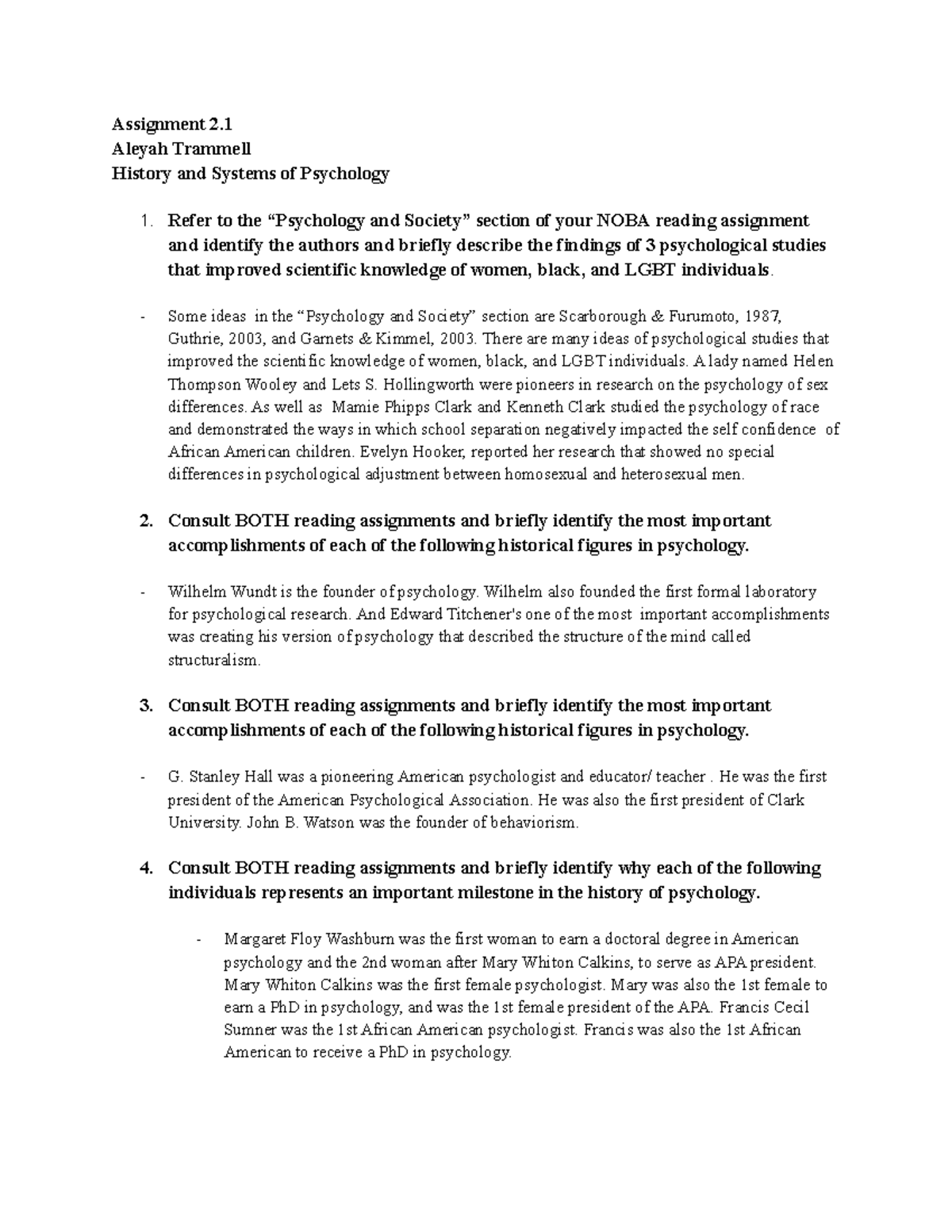 Assignment 2: Key Figures & Milestones in History of Psychology - Studocu