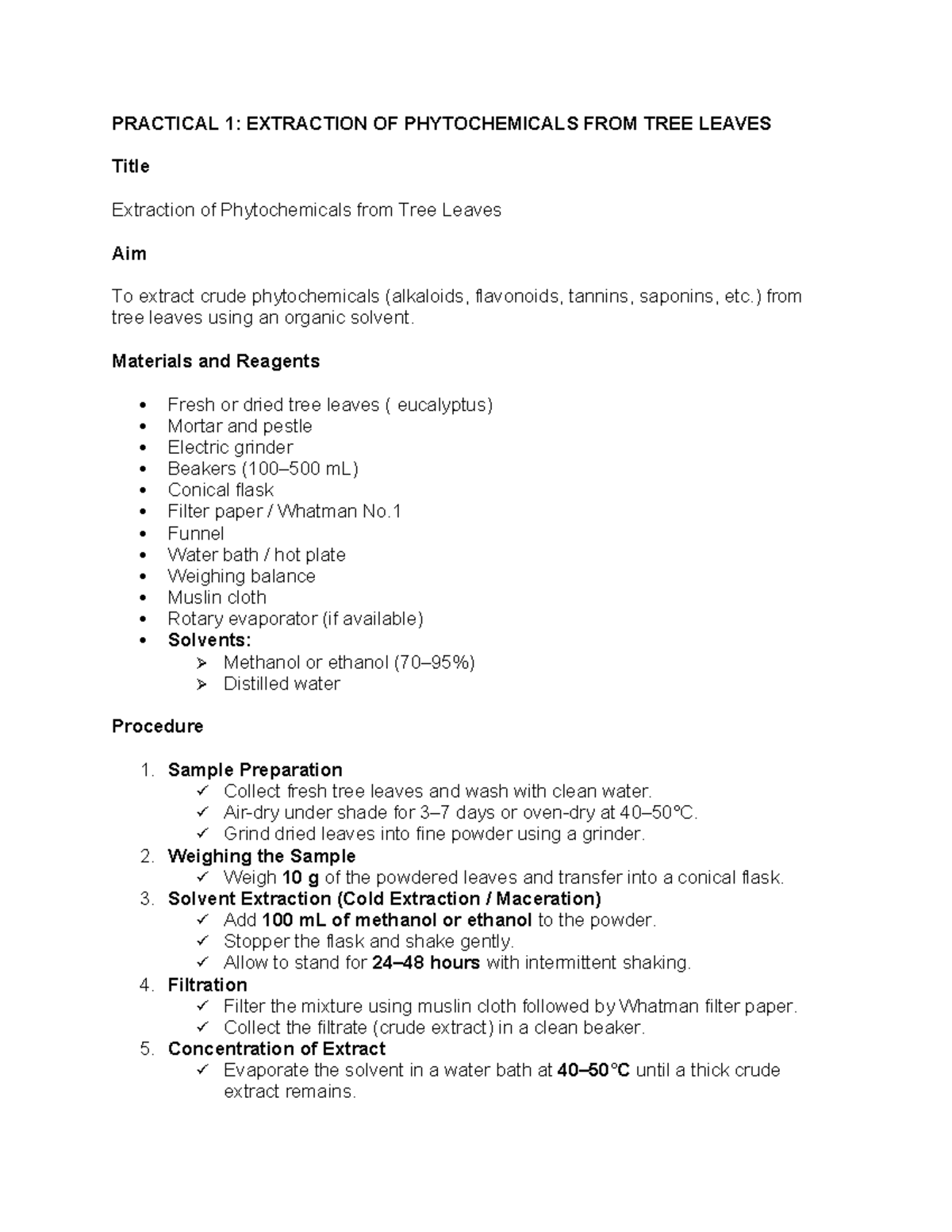 HBB 2411 Practicals: Extraction & Qualitative Tests of Phytochemicals ...
