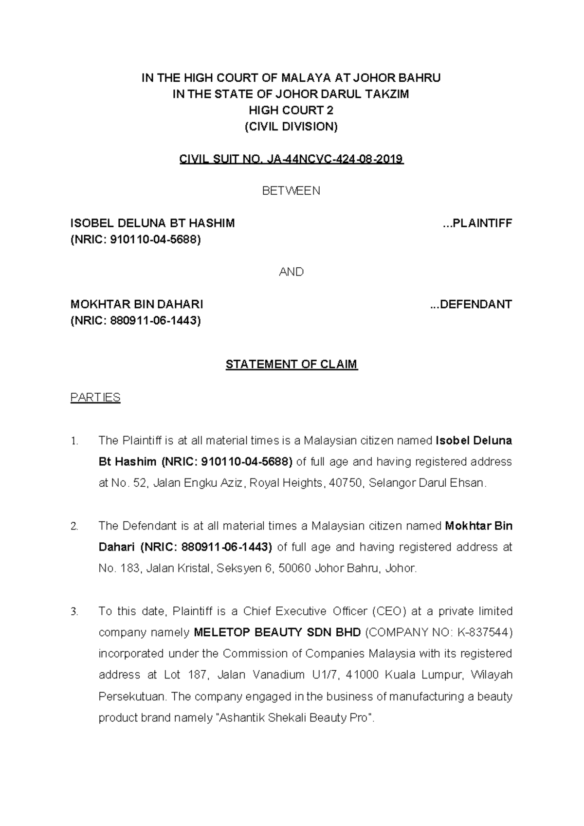 Statement of Claim - Isobel Deluna Bt Hashim vs Mokhtar Bin Dahari ...
