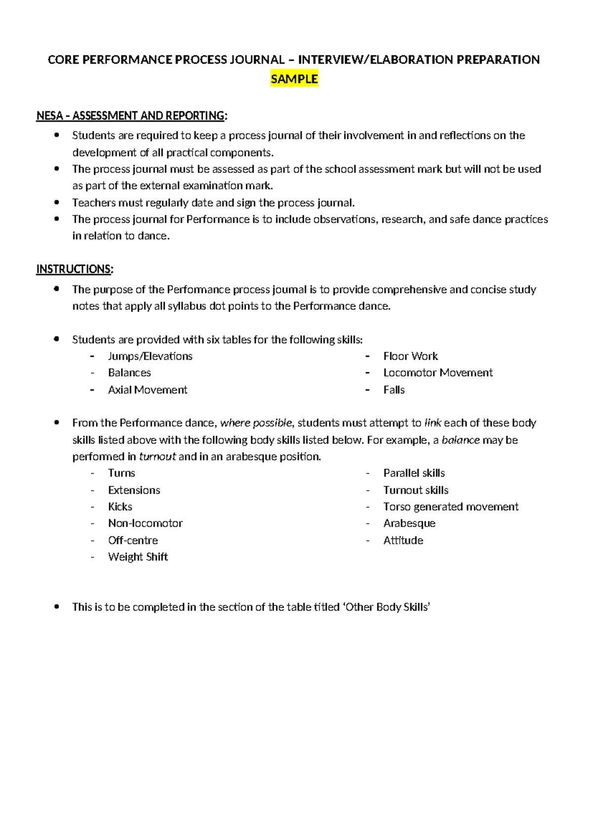 2025 Year 12 HSC Dance - Core Performance Process Journal ( Sample ...