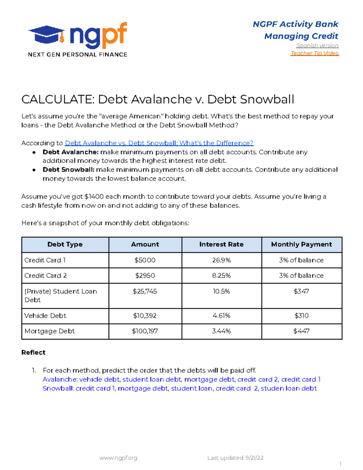 Unit 8 Activity: Debt Avalanche v. Debt Snowball (Polovick) - NGPF ...