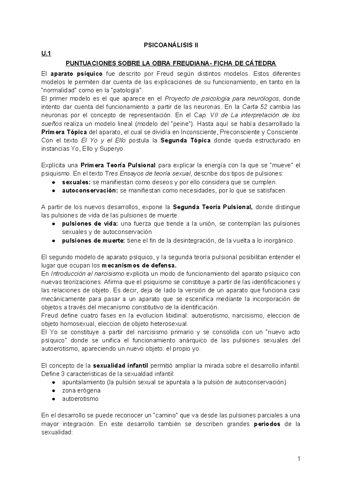 PSICOANÁLISIS II U.1 RESUMEN DE TEORÍAS FREUDIANAS Y PULSIONES - Studocu