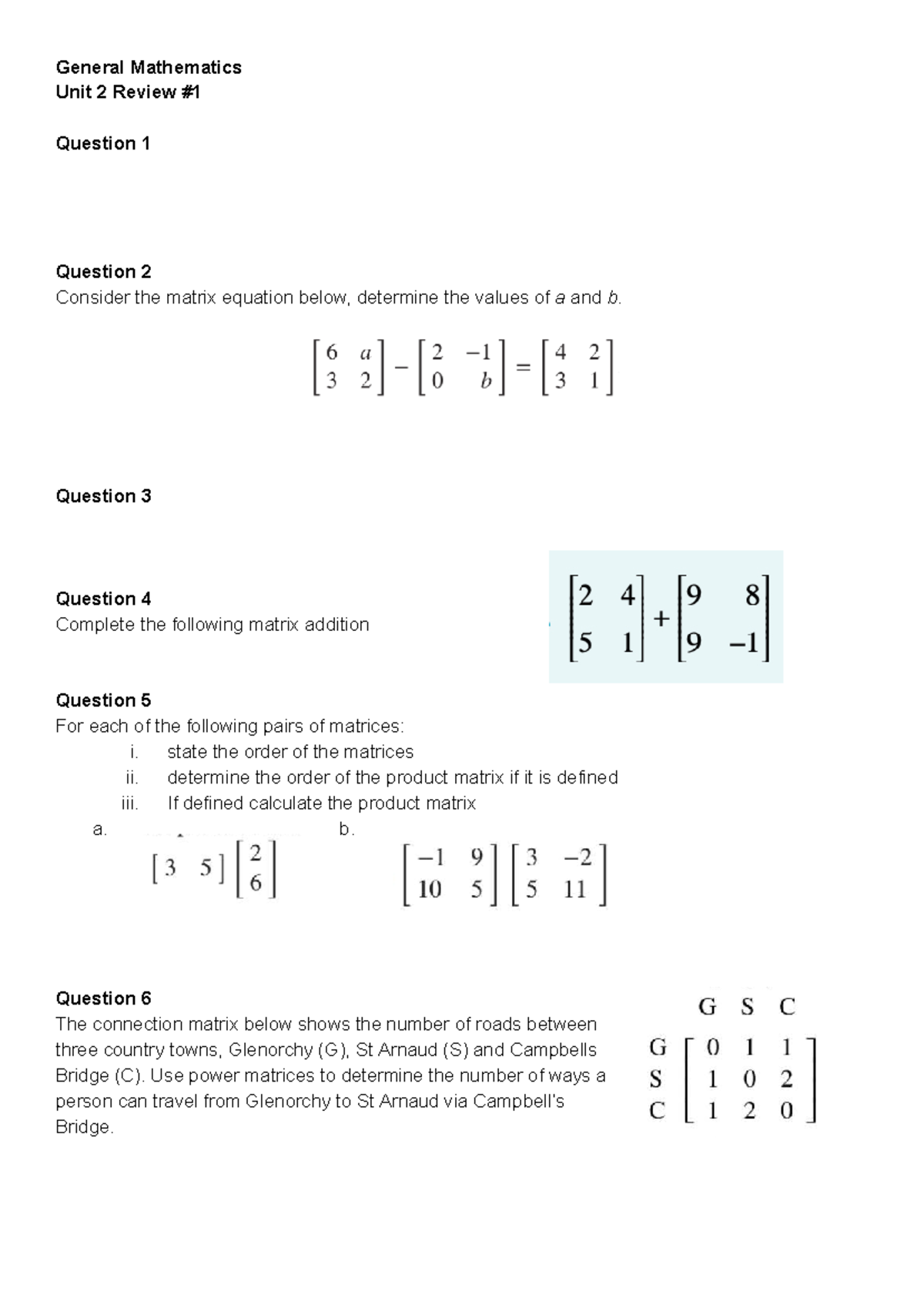 General Mathematics 2025 Unit 2 Review Questions & Matrix Problems ...