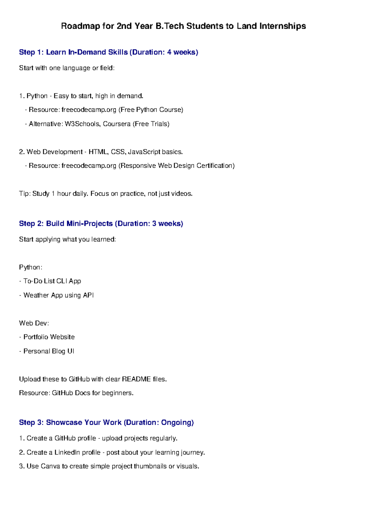2nd Year B.Tech Internship Roadmap: Skills & Projects Guide - Studocu