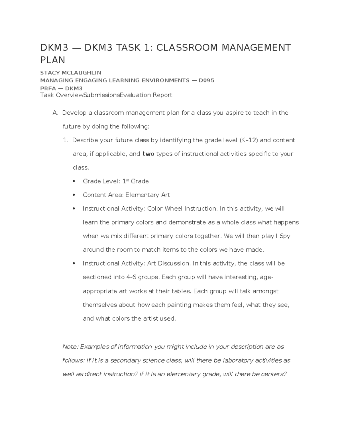 DKM3 Task 1: Classroom Management Plan for 1st Grade Art Class - Studocu