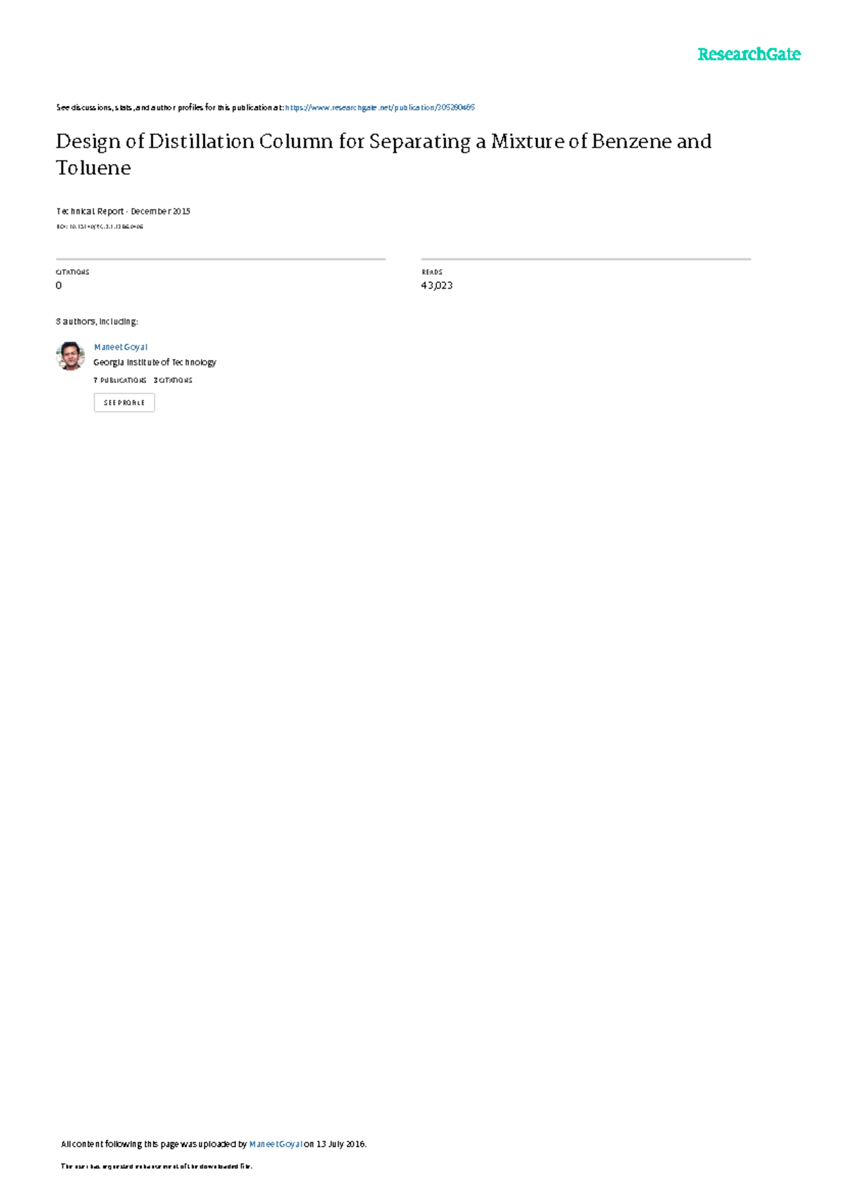 Design of Distillation Column for Benzene-Toluene Separation: PHASE I ...