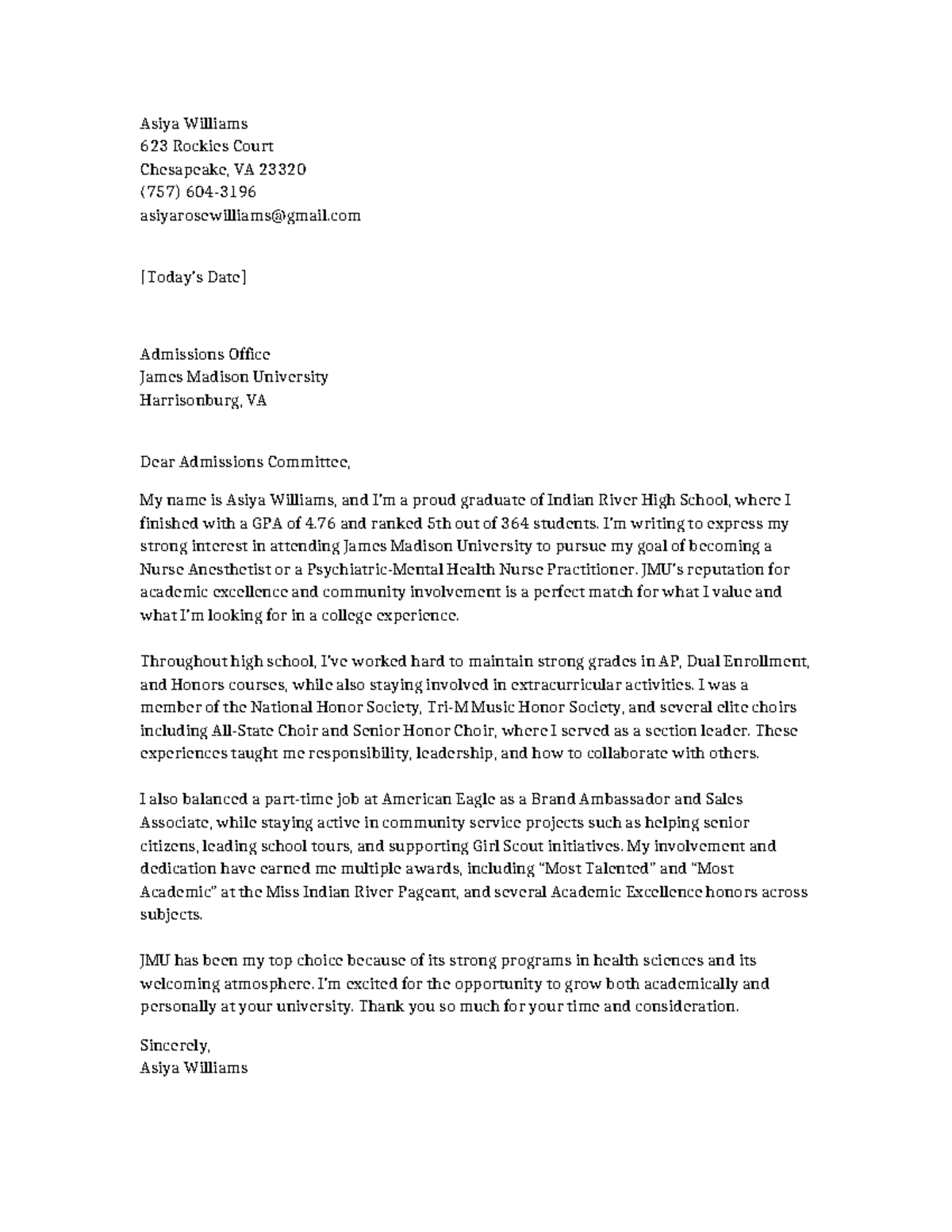 Asiya Williams JMU Admissions Cover Letter for Nursing Program - Studocu