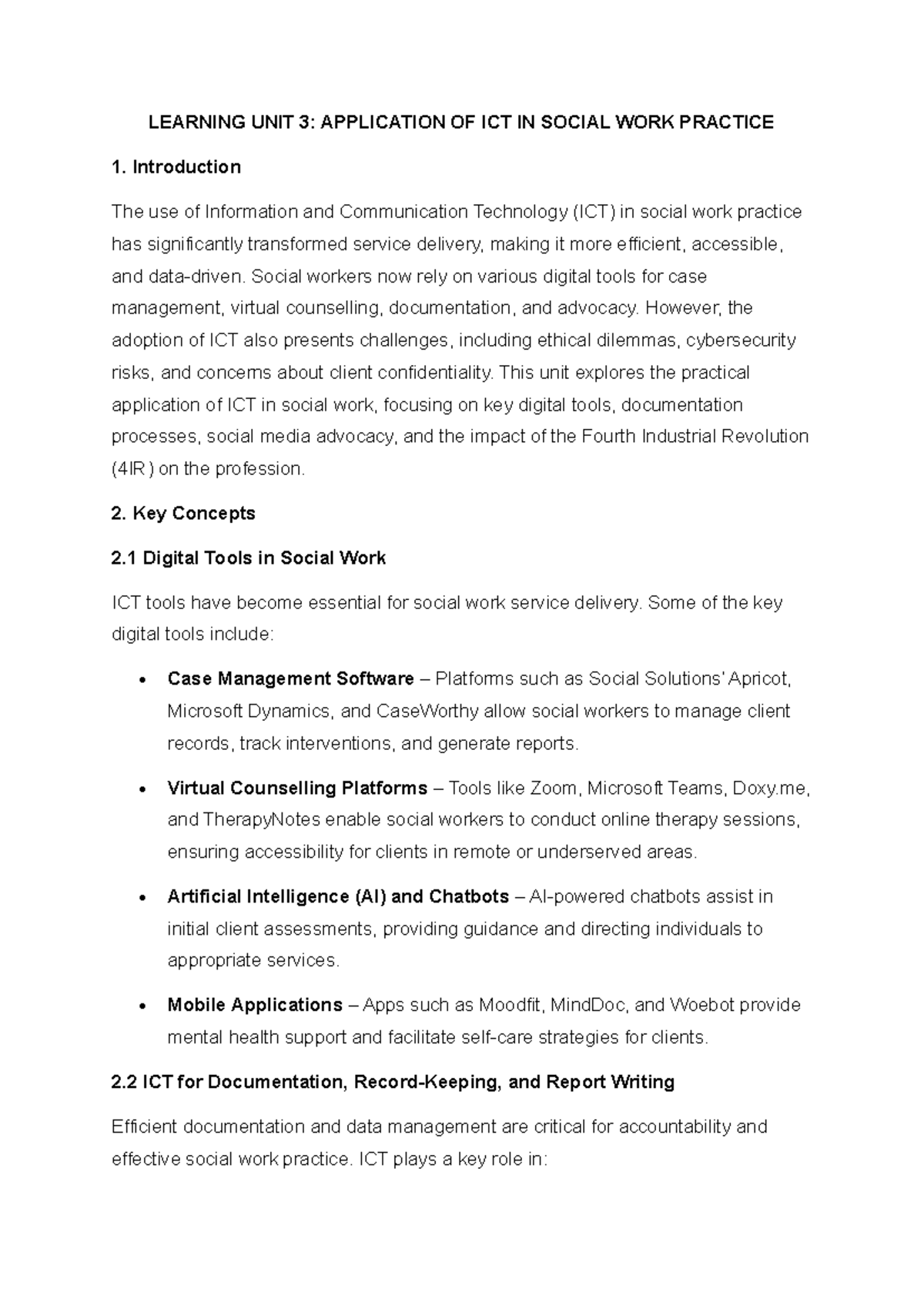 LEARNING UNIT 3: ICT APPLICATION IN SOCIAL WORK PRACTICE - Studocu