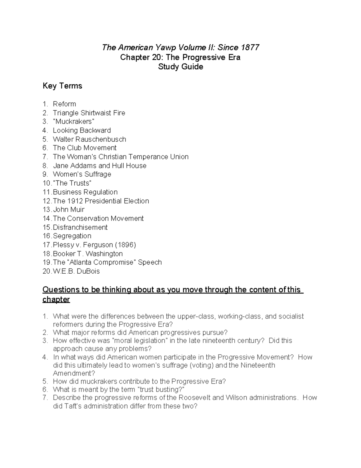 AMH2020 Progressive Era Study Guide: Key Terms & Questions - Studocu