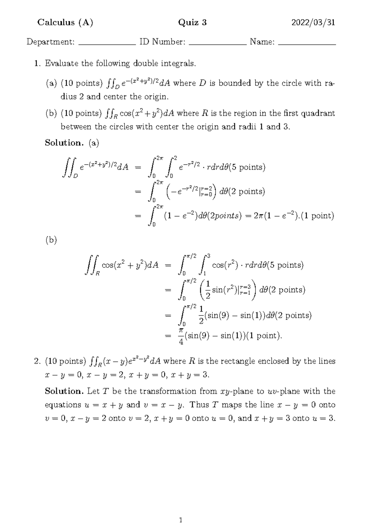 Module 3 quiz3 - calculus - Calculus (A) Quiz 3 2022/03/ Department: ID ...