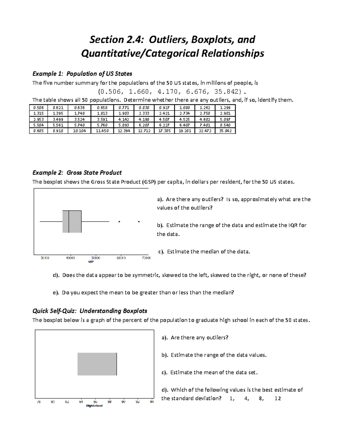 Sec 2.4: Outliers & Boxplots in US States Populations & GSP - Studocu