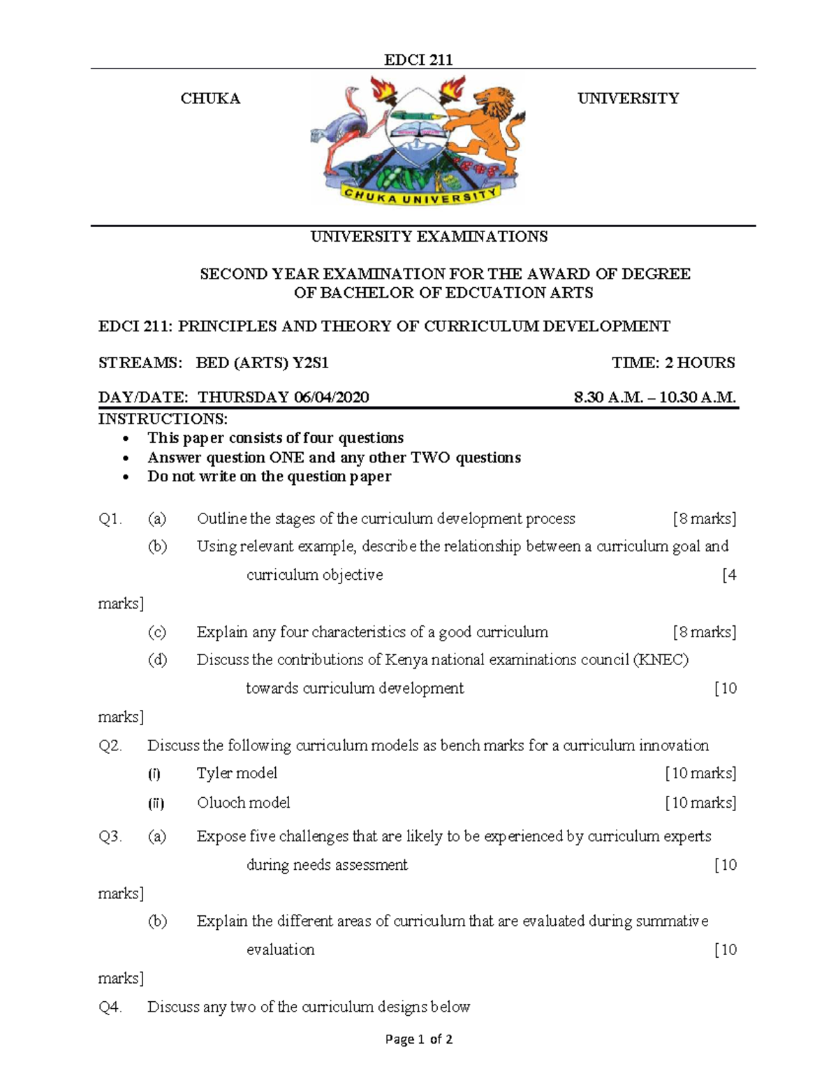 EDCI 211: Principles & Theory of Curriculum Development Exam Guide ...