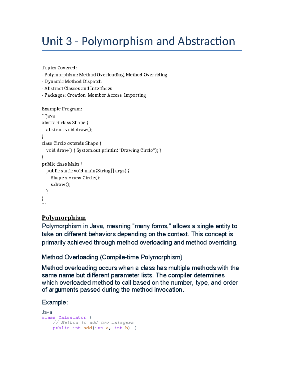 Unit 3 - Polymorphism & Abstraction in Java Concepts - Studocu