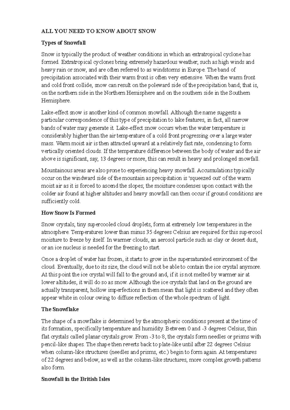 ALL YOU NEED TO KNOW ABOUT SNOW: Reading Test Insights - Studocu