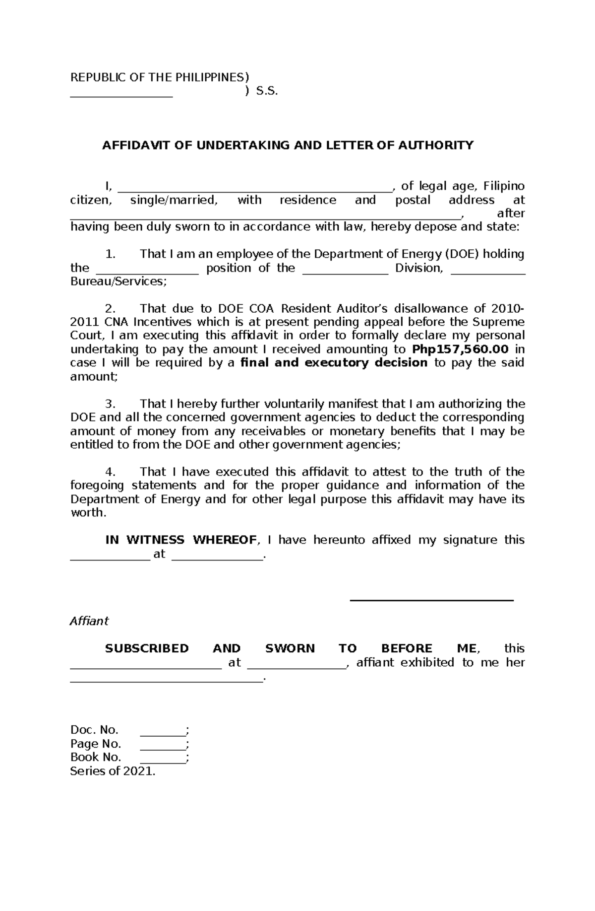 Template Affidavit of Undertaking for DOE Employees - Studocu