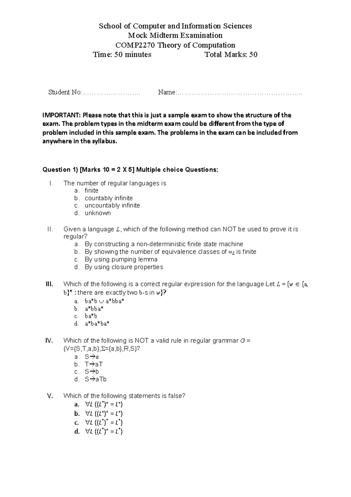 COMP2270 Mock Midterm Exam - Theory of Computation - Studocu