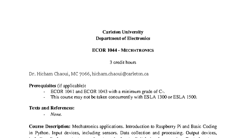 ECOR 1044 Mechatronics Course Outline - Fall 2024 - Studocu