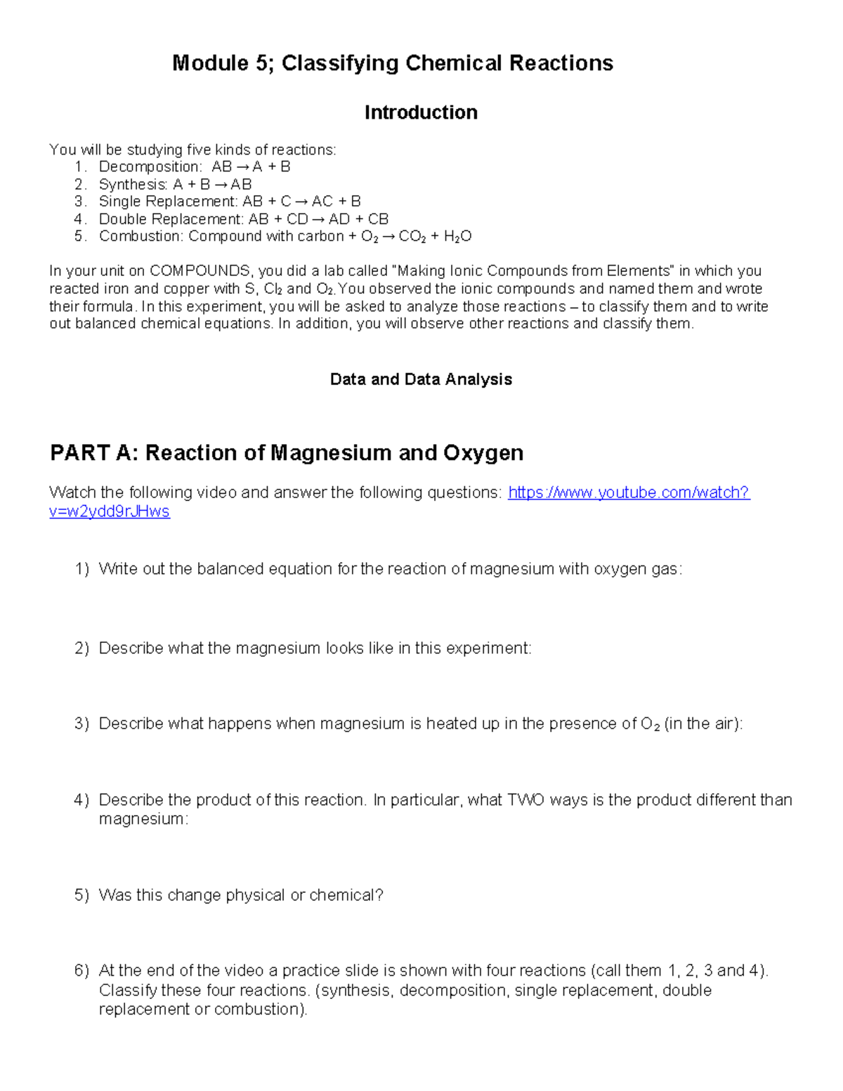 Module 5 Classifying Chemical Reactions - Module 5; Classifying ...