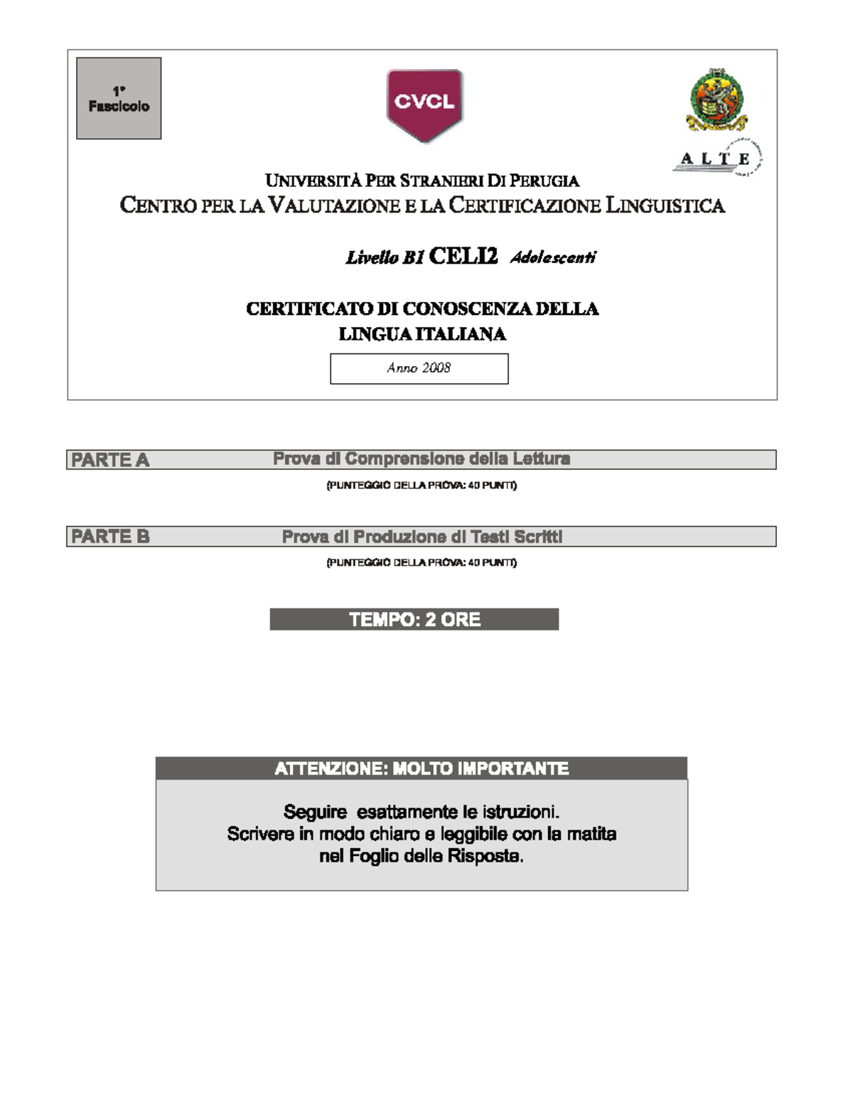 Prova di Comprensione della Lettura e Produzione CELI 2 Adolescenti ...