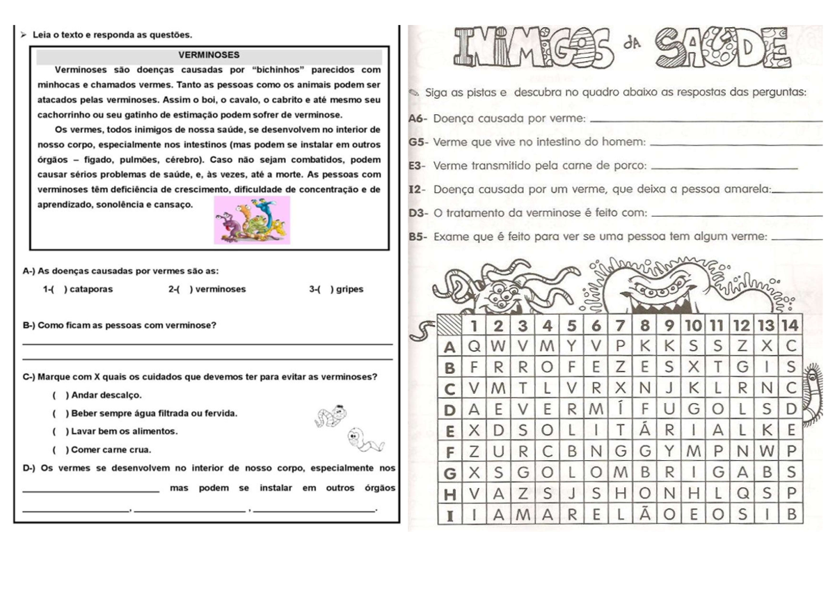 Verminoses - Atividade sobre Doenças Causadas por Vermes e Cuidados ...