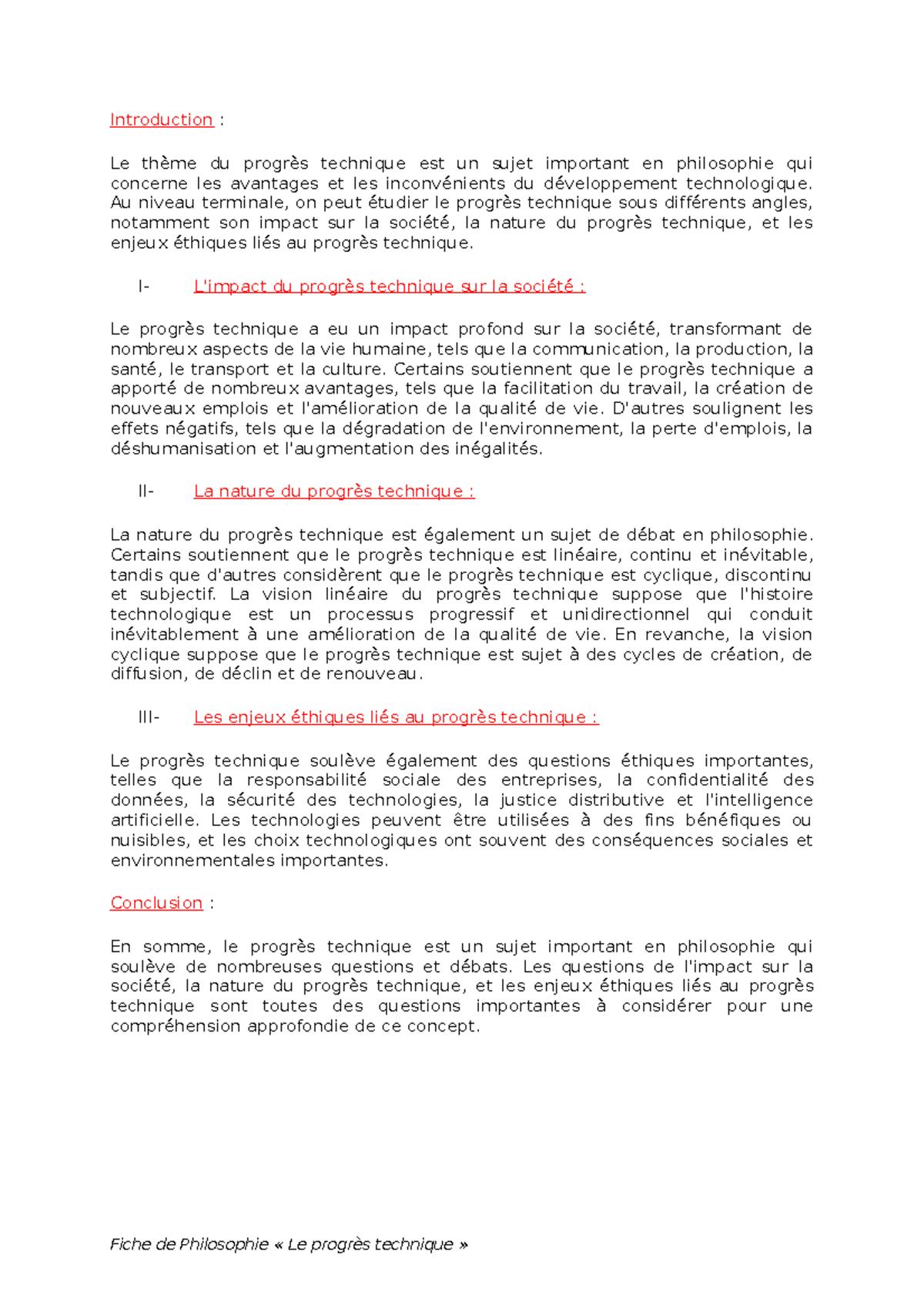 Le Progrès Technique - Introduction : Le thème du progrès technique est ...