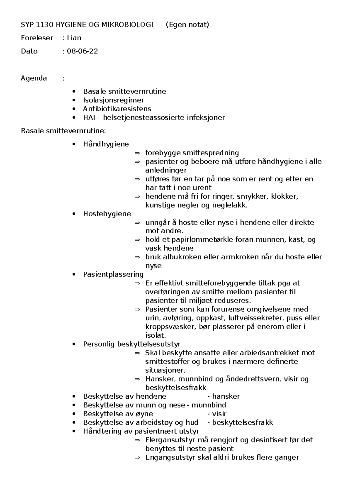 Basale smittevernrutine egen notat - SYP 1130 HYGIENE OG MIKROBIOLOGI ...