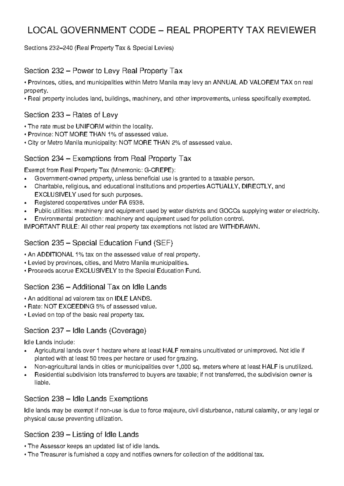 Real Property Tax Reviewer LGC: Special Levies & Exemptions - Studocu