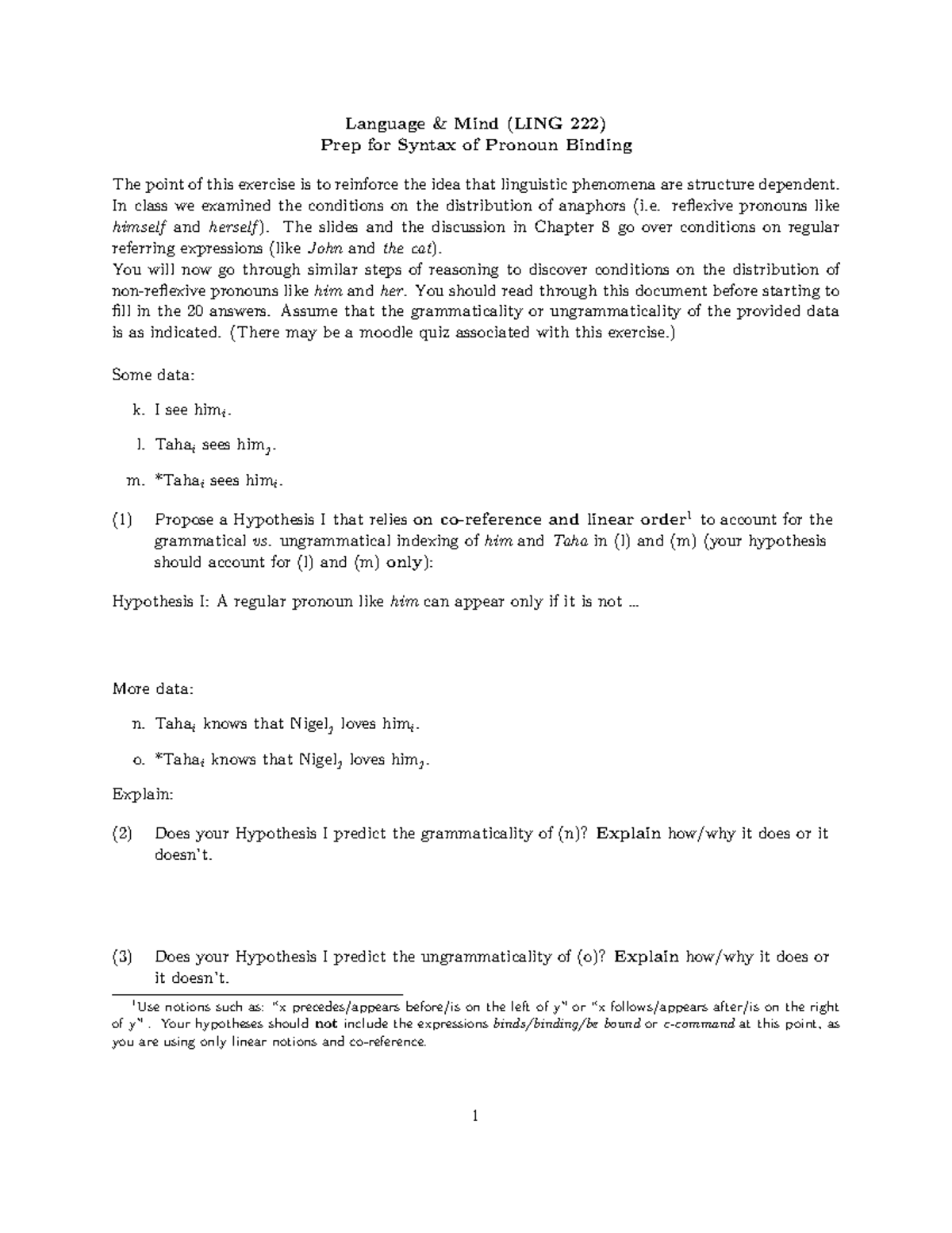 Binding HW Prep (LING Syntax of Pronoun Binding Exercise) - Studocu