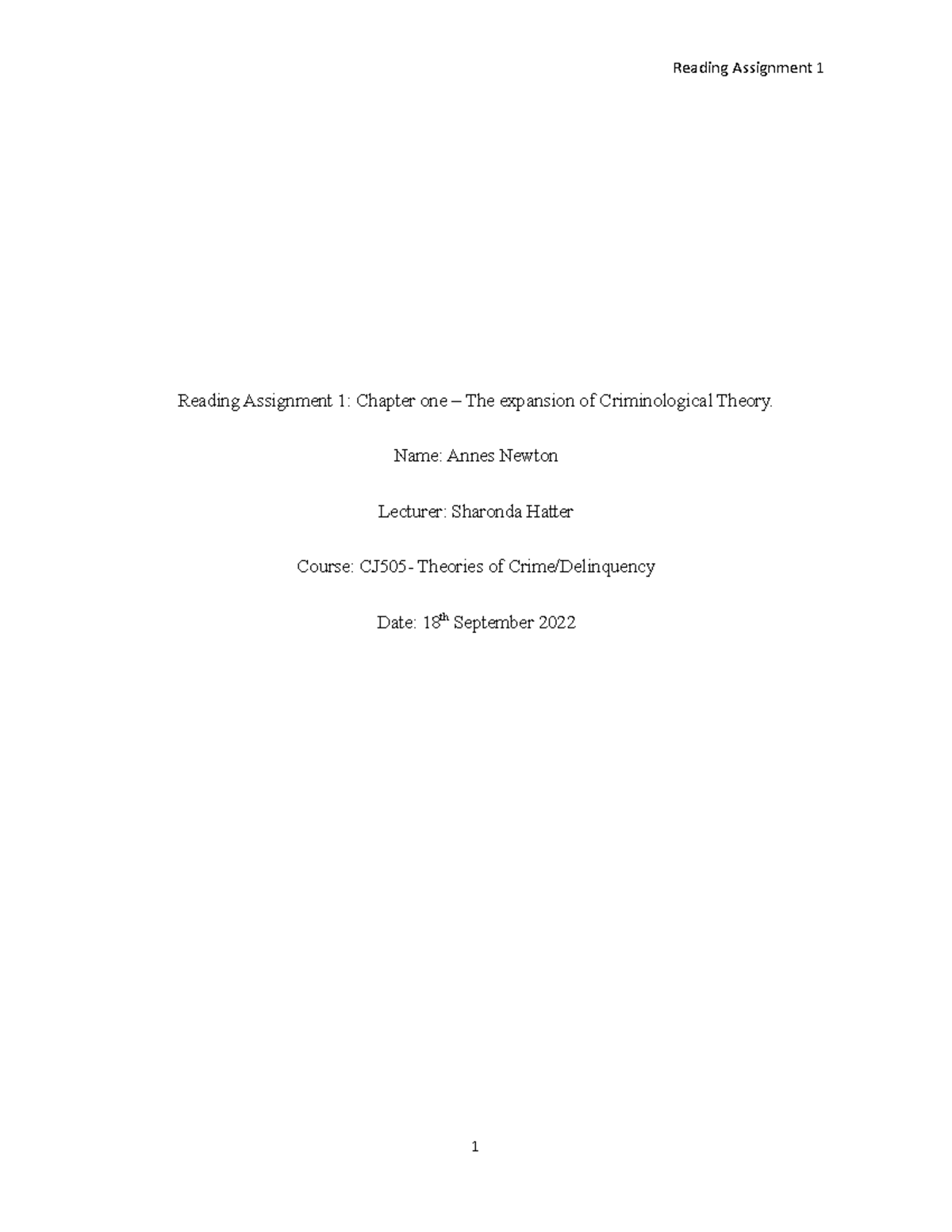 Reading assignment 1 Theories of crime and delinquency - Reading Assignment 1: Chapter one – The ...