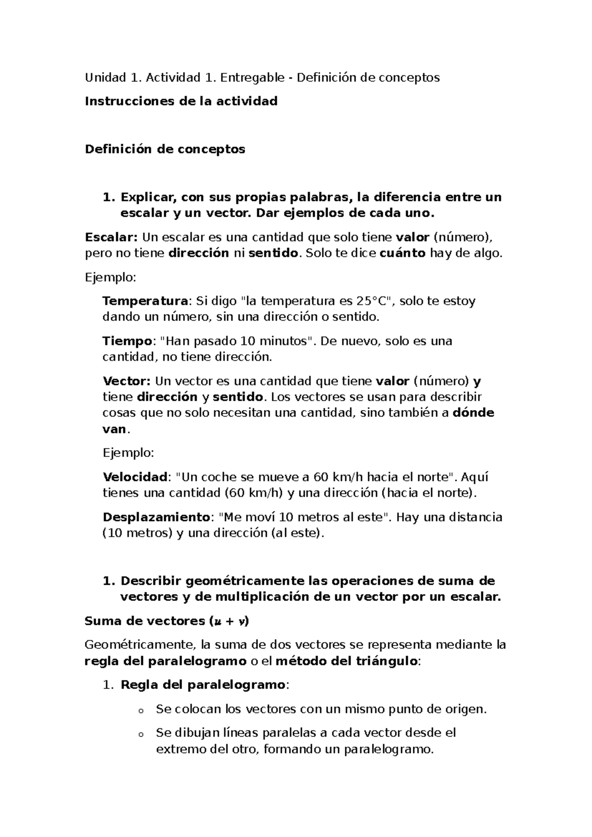 Unidad 1 - Actividad 1: Definición de Escalares y Vectores - Studocu